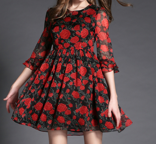 Elegant Rose Print Lotus Sleeve Dress Fh31202jg on Luulla